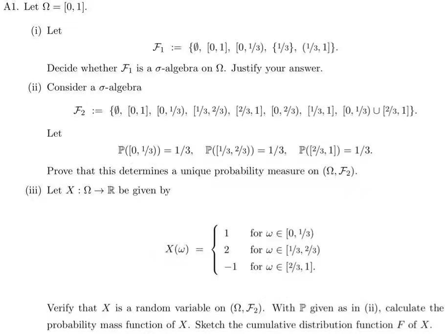 A1. Let = [0, 1]. (i) Let F₁ = {0, [0, 1], [0,1/3), | Chegg.com