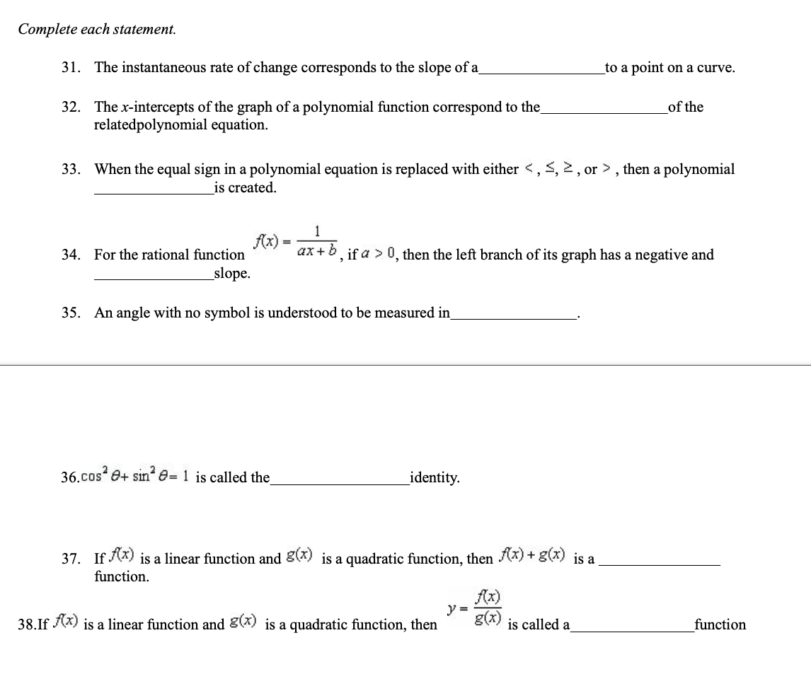Solved Complete each statement. 31. The instantaneous rate | Chegg.com