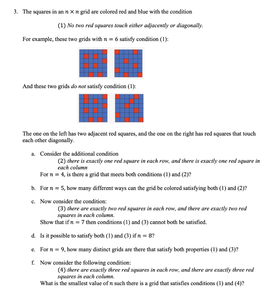 Solved 3. The squares in an n x n grid are colored red and | Chegg.com