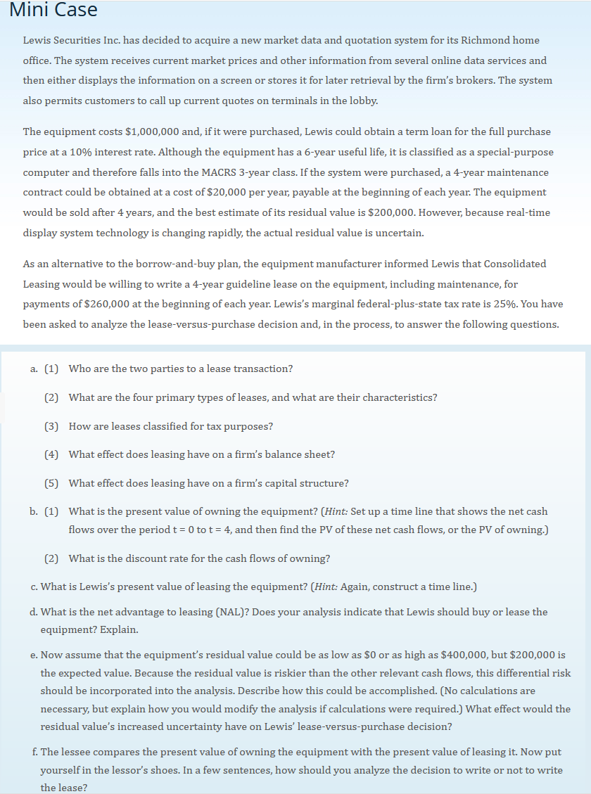 Solved Lewis Securities Inc. has decided to acquire a new | Chegg.com