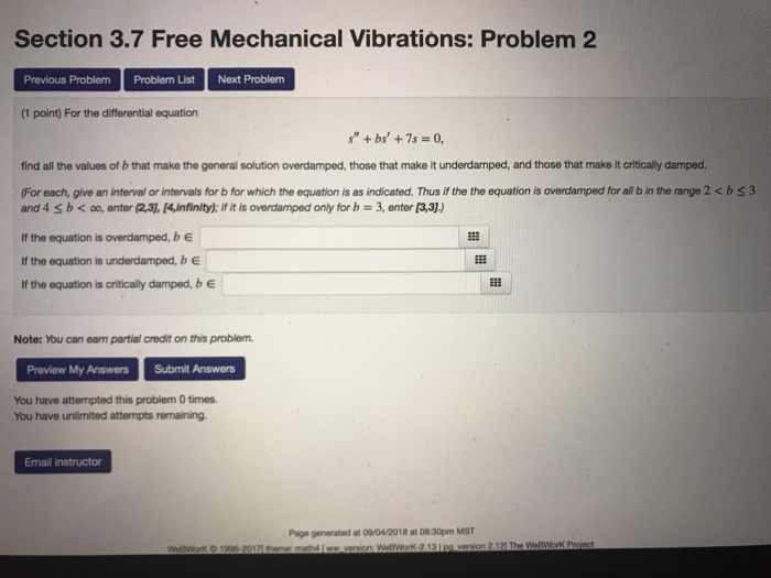 Solved Section 3.7 Free Mechanical Vibrations: Problem 2 | Chegg.com