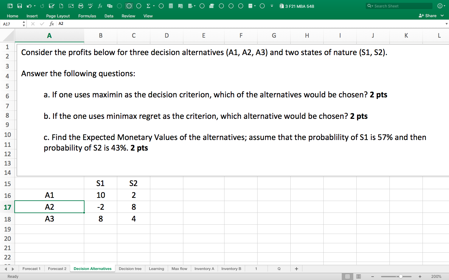 Solved DH A ABC fx 2 O Ο Σ XI 3 F21 MBA 548 Q Search Sheet | Chegg.com