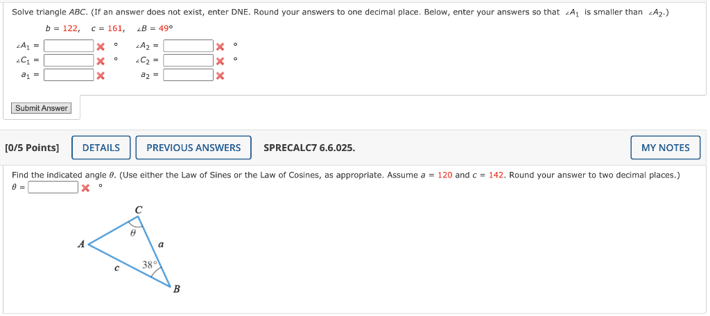 Solved Solve triangle ABC. (If an answer does not exist, | Chegg.com