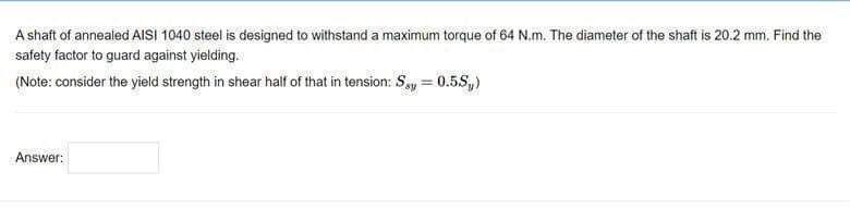 Solved A shaft of annealed AISI 1040 steel is designed to | Chegg.com