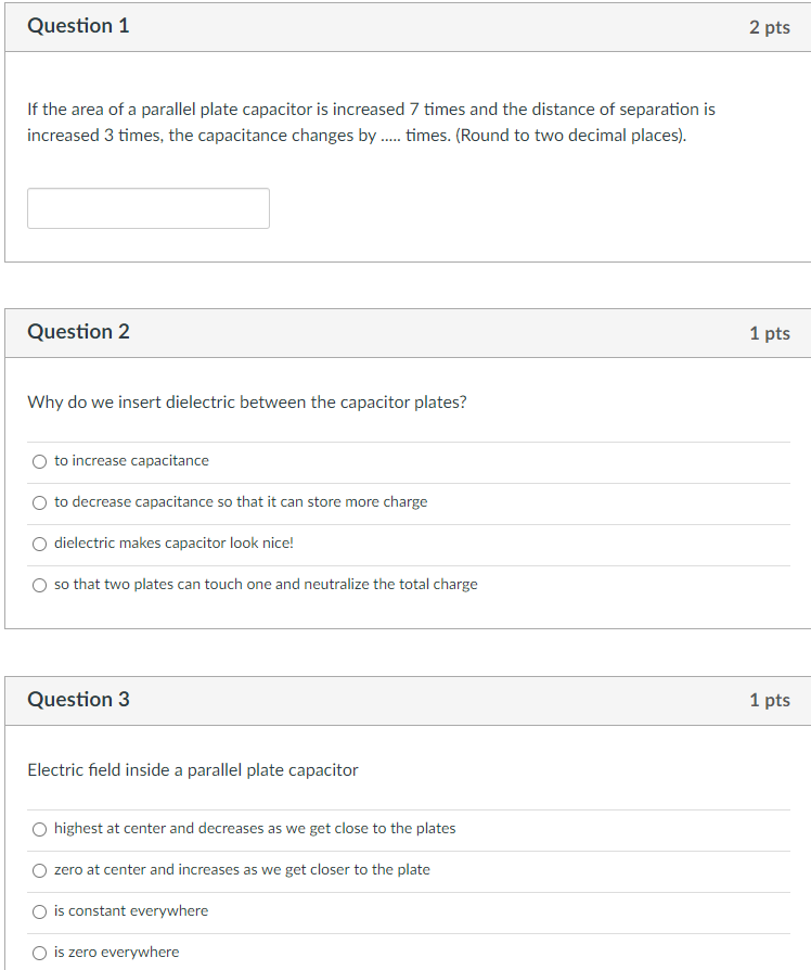 Solved Question 1 2 pts If the area of a parallel plate | Chegg.com