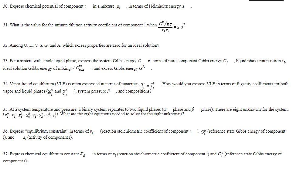 Solved 30. Express chemical potential of component i in a | Chegg.com