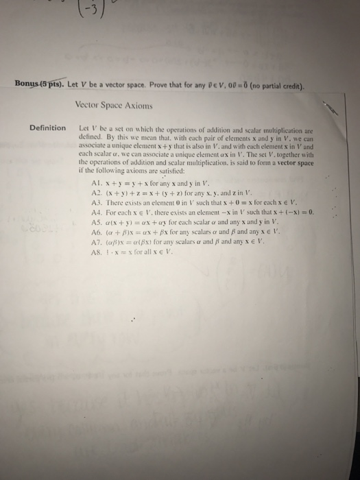 Solved -3 Bonus(5 pts), Let V be a vector space. Prove that | Chegg.com