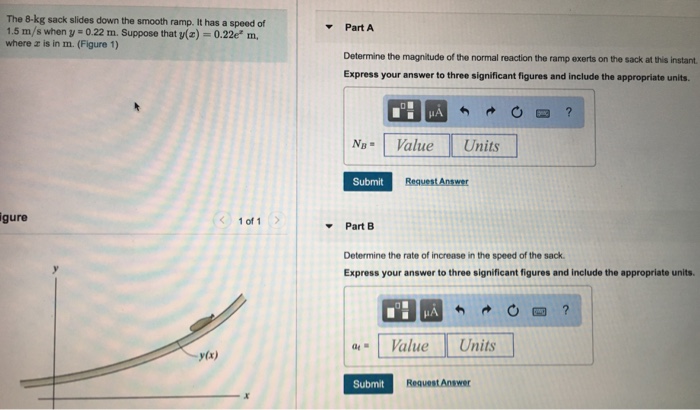 Solved The 8-kg sack slides down the smooth ramp. It has a | Chegg.com
