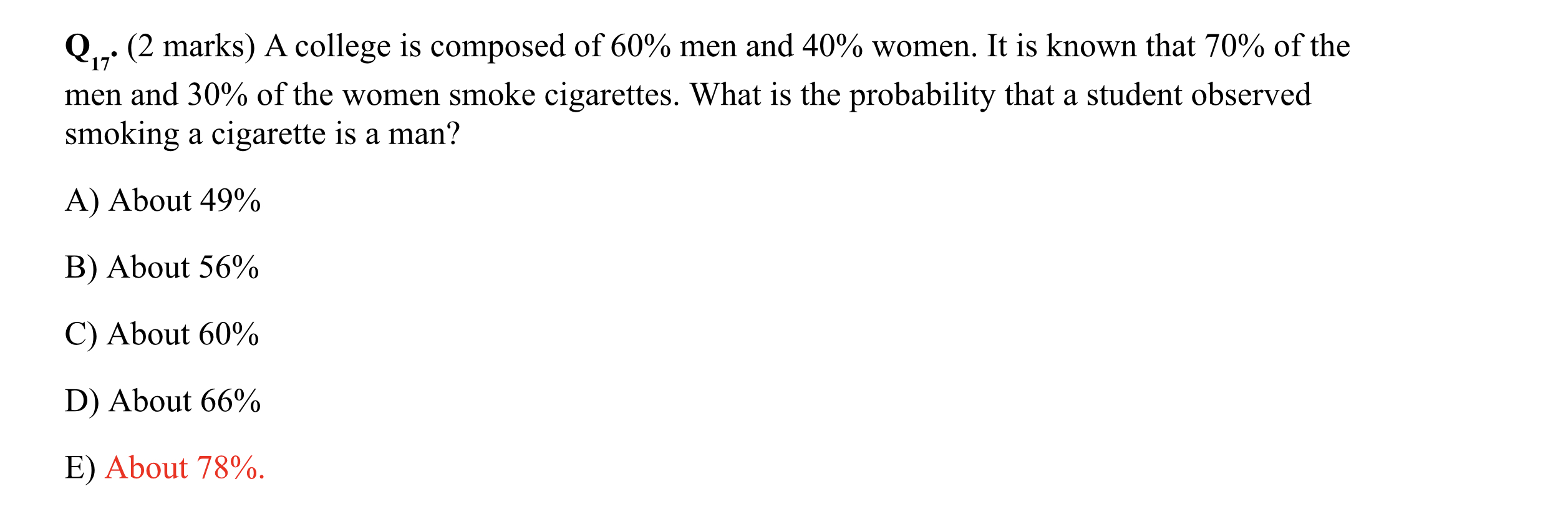Solved \\( \\mathbf{Q}_{17^{\\circ}} \\) (2 marks) A college | Chegg.com
