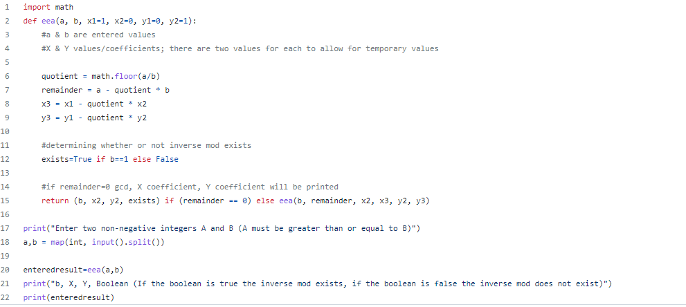 Solved 1 2 import math def eea(a, b, x1=1, x2=0, y1=0, | Chegg.com