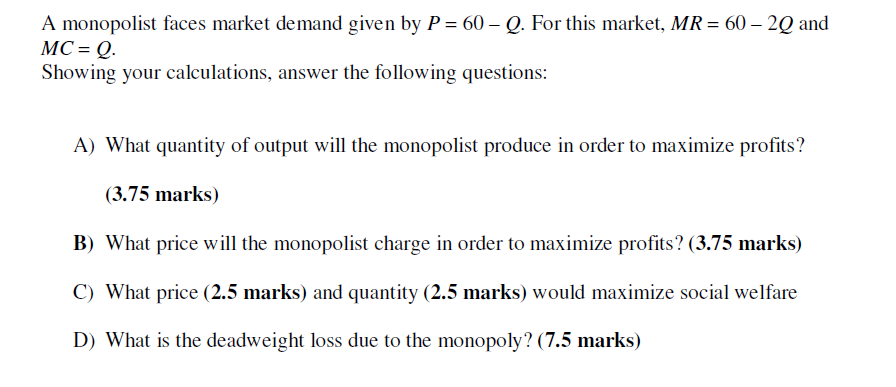 Solved A monopolist faces market demand given by P = 60 - Q. | Chegg.com