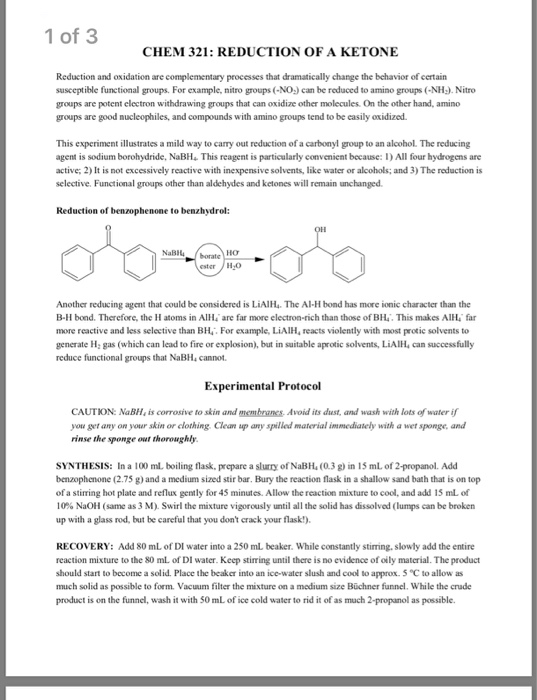 Solved CHEM 321: REDUCTION OF A KETONE Reduction and | Chegg.com