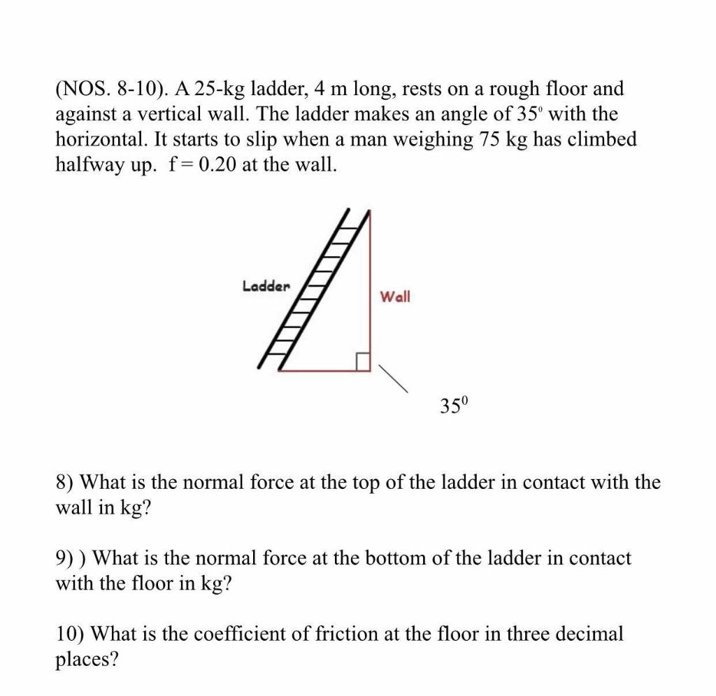 Solved (NOS. 8-10). A 25-kg ladder, 4 m long, rests on a | Chegg.com