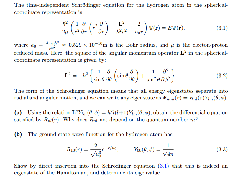 The time-independent Schrödinger equation for the | Chegg.com