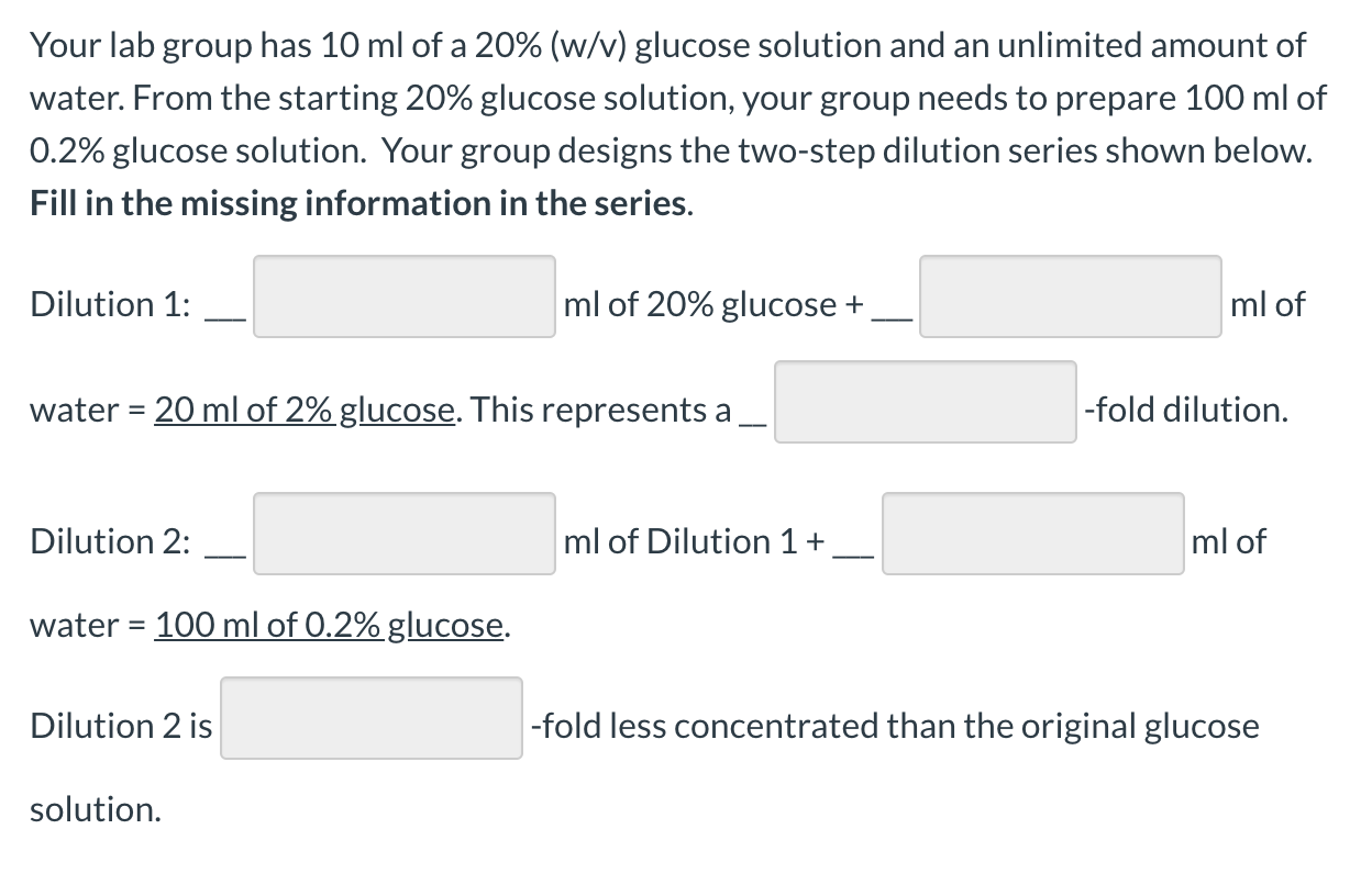 Solved Your lab group has 10 ml of a 20% (w/v) glucose | Chegg.com