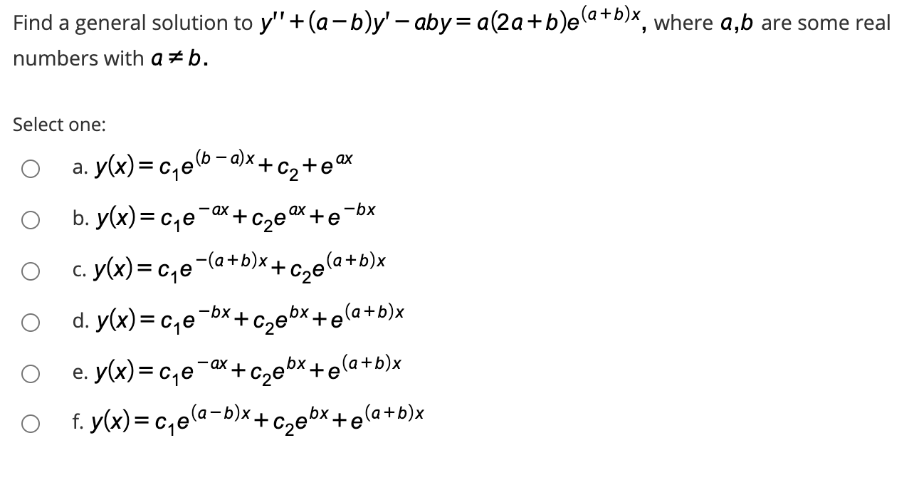 Solved + Find a general solution to y'' +(a - b)y' - | Chegg.com