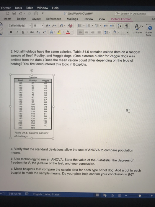 Solved Format Tools Table Window Help OneWayANOVAHW Q- | Chegg.com