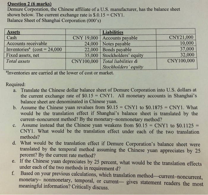 Solved Question 2 (6 marks) Demure Corporation, the Chinese | Chegg.com
