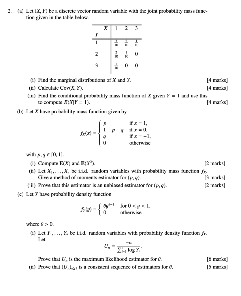 Solved 2. (a) Let (X,Y) be a discrete vector random variable | Chegg.com