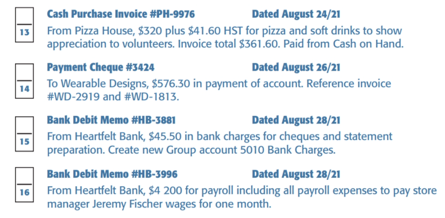 Solved 13 Cash Purchase Invoice #PH-9976 Dated August 24/21 | Chegg.com