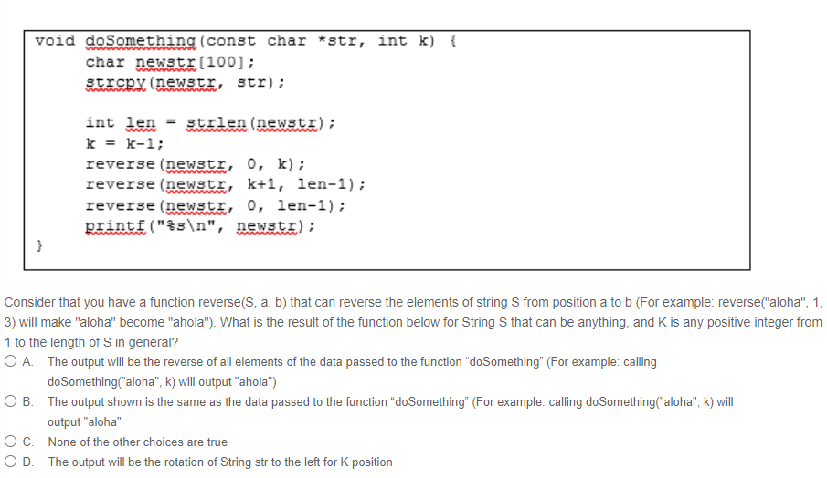 Solved void doSomething(const char *str, int k) } char | Chegg.com