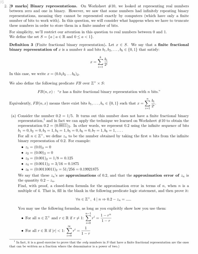 2. 9 marks) Binary representations. On Worksheet #10, | Chegg.com
