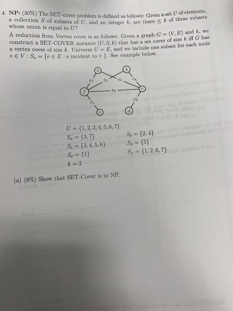 Solved 4 Np 30 The Set Cover Problem Is Defined As