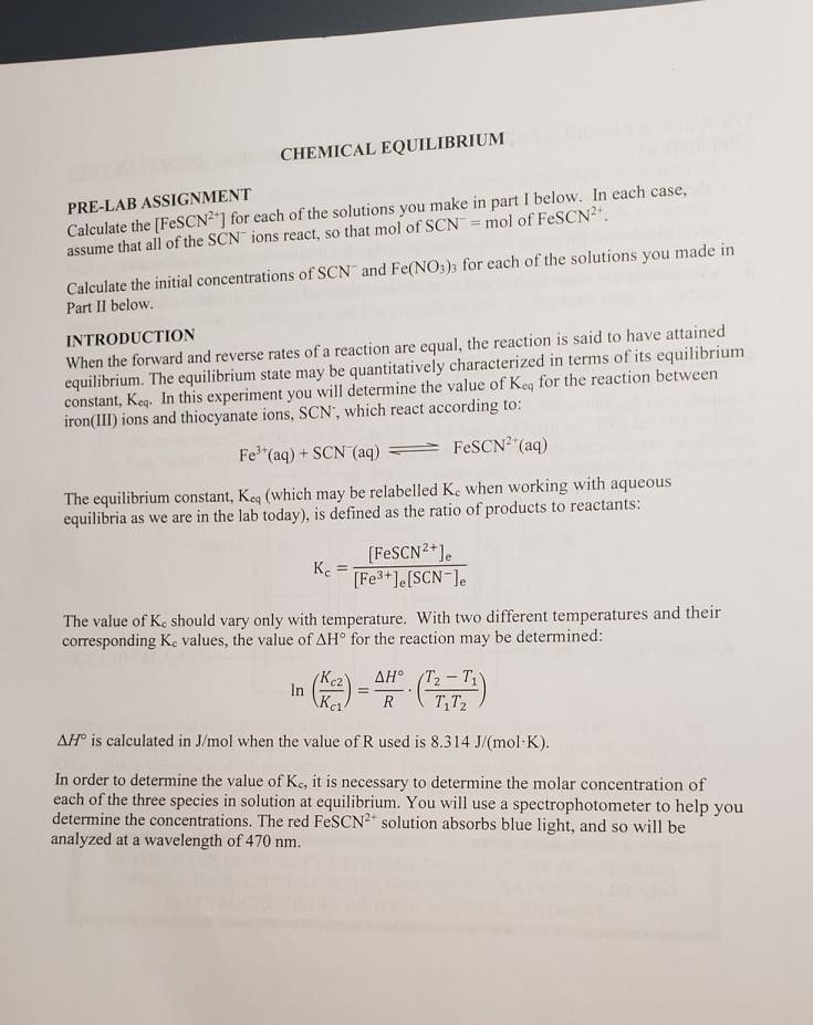 Solved CHEMICAL EQUILIBRIUM PRE-LAB ASSIGNMENT Calculate the | Chegg.com