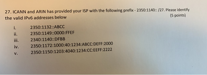 Solved 27. ICANN and ARIN has provided your ISP with the | Chegg.com