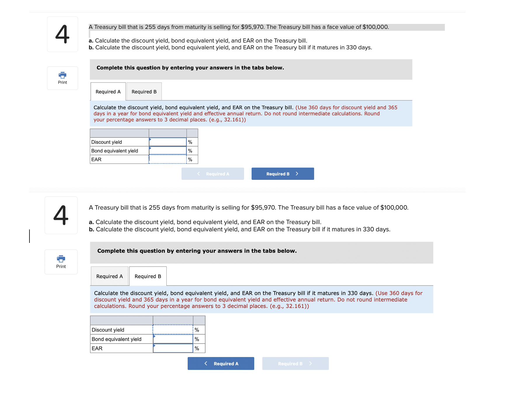 Solved A Treasury bill that is 255 days from maturity is | Chegg.com