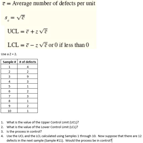 Solved Average number of defects per unit LCL c-2 V-or 0 if | Chegg.com