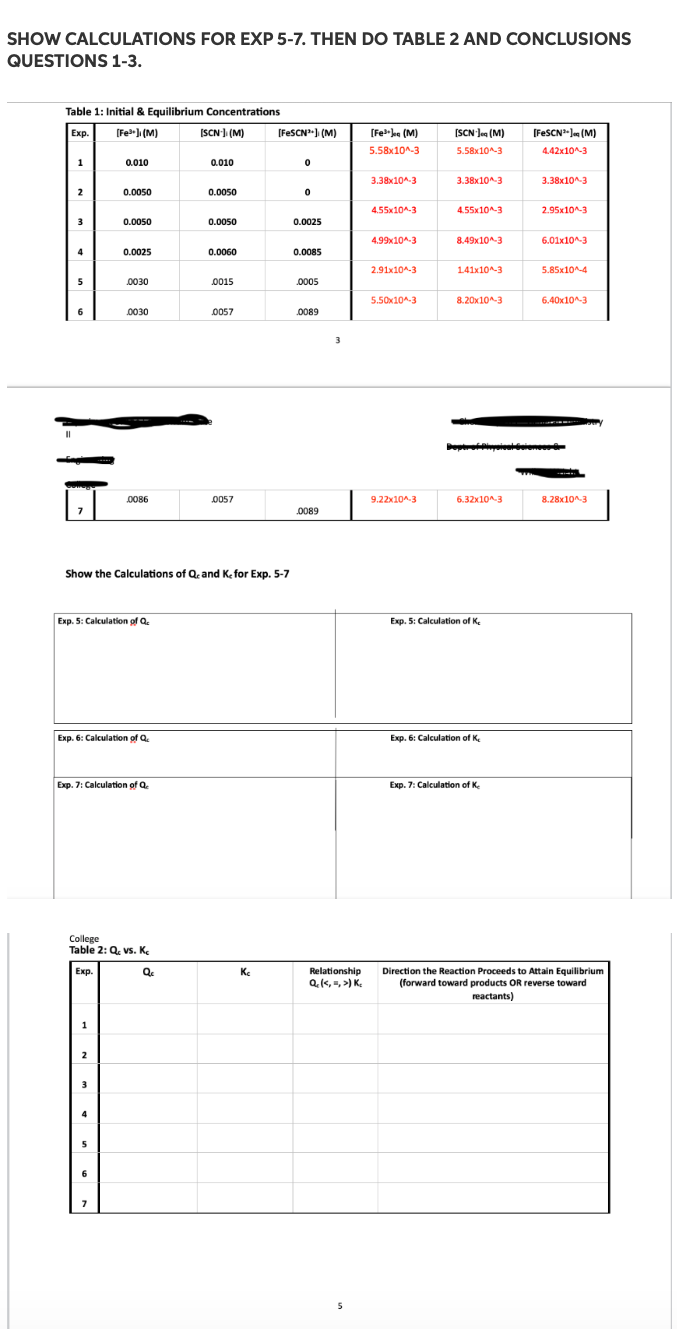 Solved SHOW CALCULATIONS FOR EXP 5-7. THEN DO TABLE 2 AND | Chegg.com