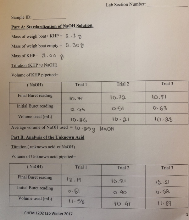 Solved Lab Section Number Sample ID: Part A: Stardardization | Chegg.com