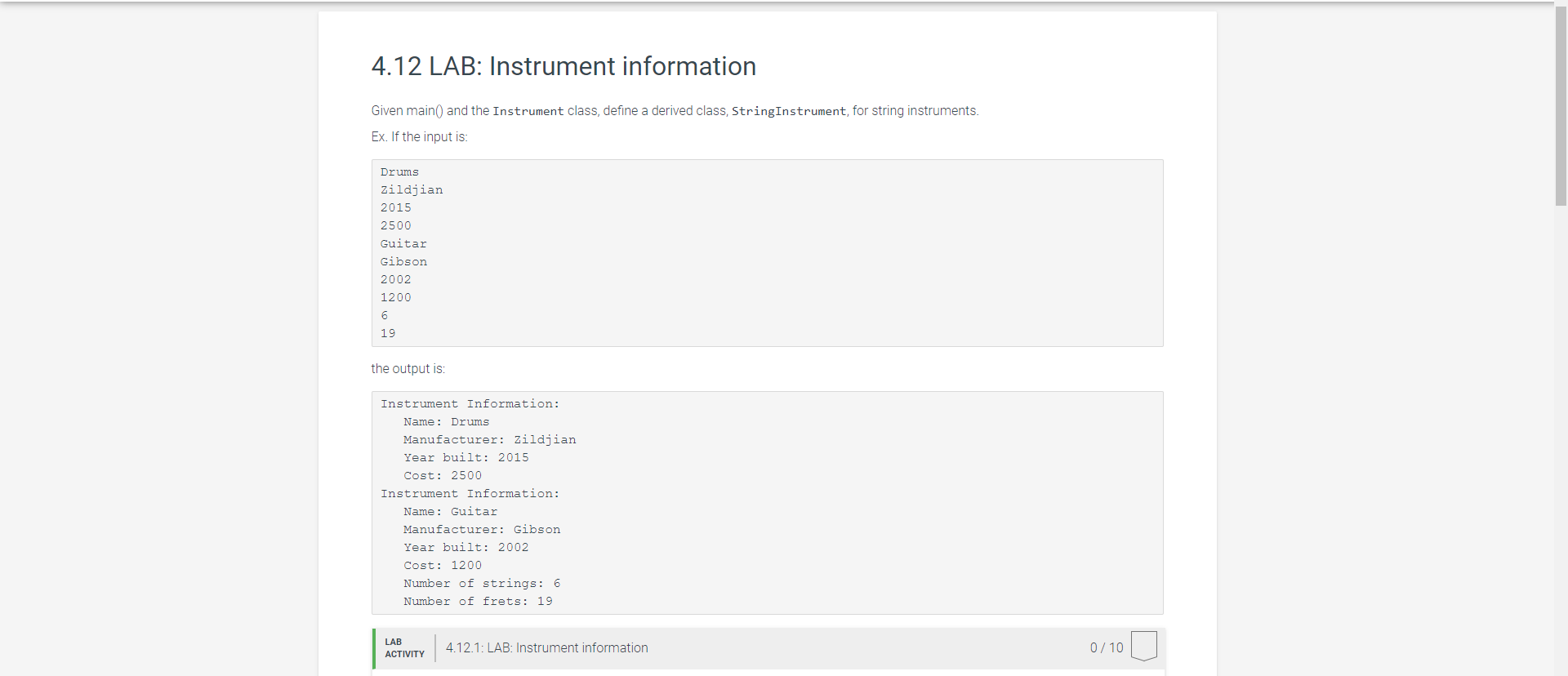 Solved: 4.12 LAB: Instrument Information Given Main() And ... | Chegg.com
