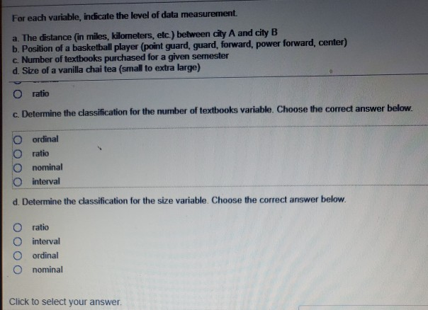 Solved For each variable, indicate the level of data | Chegg.com