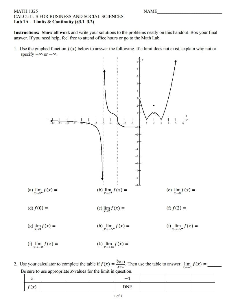 Solved NAME MATH 1325 CALCULUS FOR BUSINESS AND SOCIAL | Chegg.com