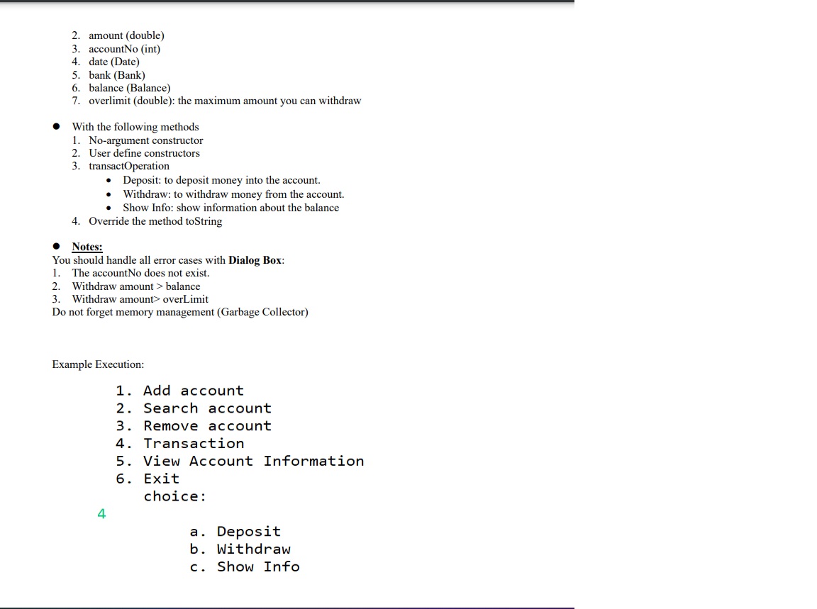 Solved 2. amount (double) 3. accountNo (int) 4. date (Date) | Chegg.com