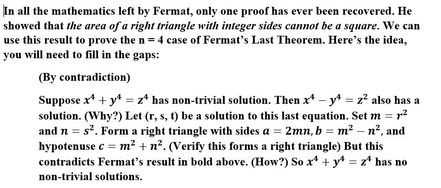 Solved all the mathematics left by Fermat, only one proof | Chegg.com