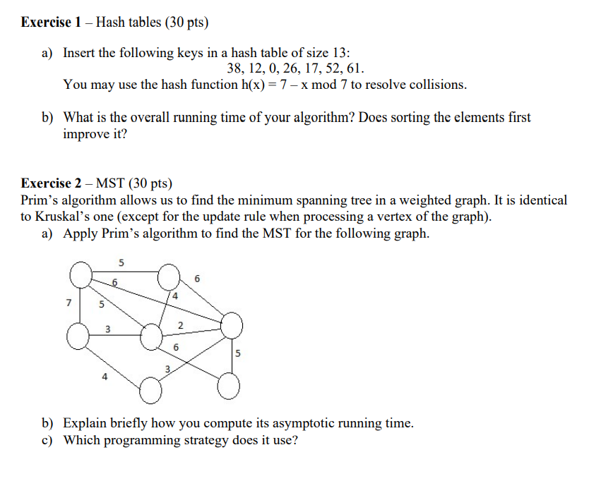 Solved Exercise 1 - Hash tables (30 pts) a) Insert the | Chegg.com
