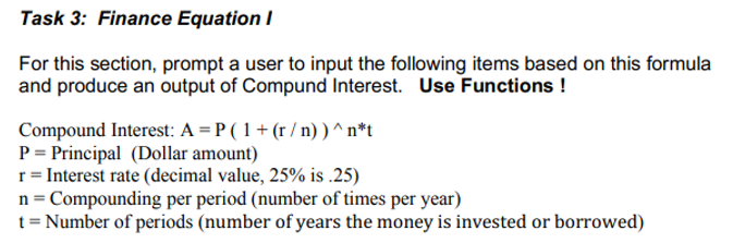 Solved Task 3: Finance Equation / For this section, prompt a | Chegg.com