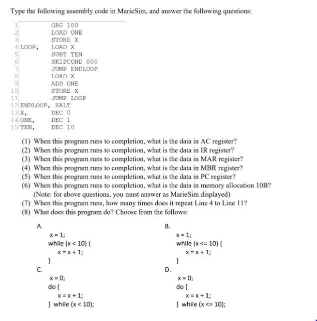 Solved 8 9 10 13X, Type the following assembly code in | Chegg.com