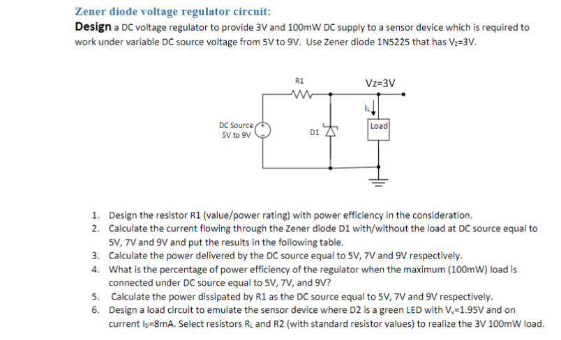 Solved Zener diode voltage regulator circuit: Design a DC | Chegg.com