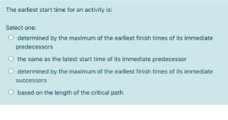 Solved The earliest start time for an activity is: Select | Chegg.com