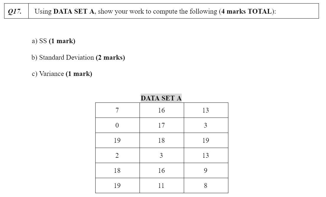 Solved Q17. Using DATA SET A, show your work to compute the | Chegg.com
