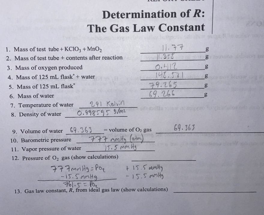 Solved Determination of R : The Gas Law Constant Mass of | Chegg.com
