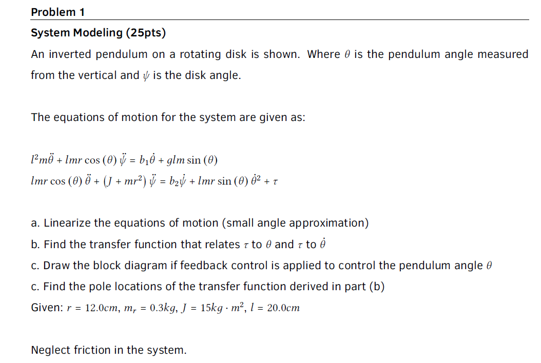 Solved Problem 1 System Modeling (25pts) An inverted | Chegg.com