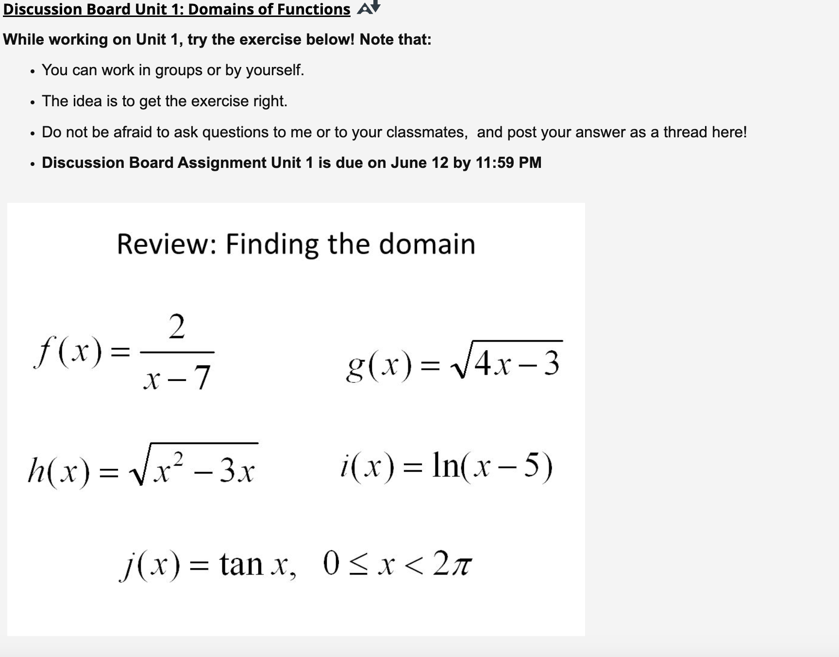 Discussion Board Unit 1: Domains of Functions A While | Chegg.com