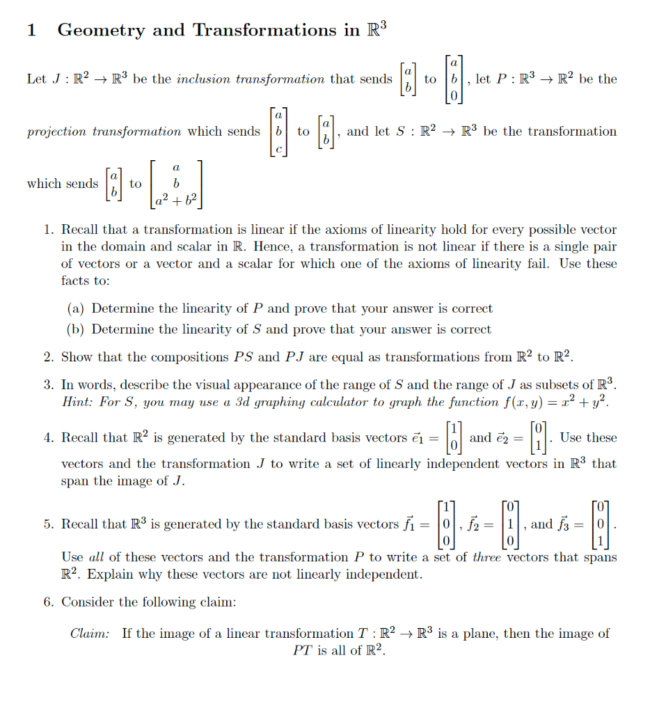 Solved 1 Geometry and Transformations in R3 Let J: R2 + R3 | Chegg.com