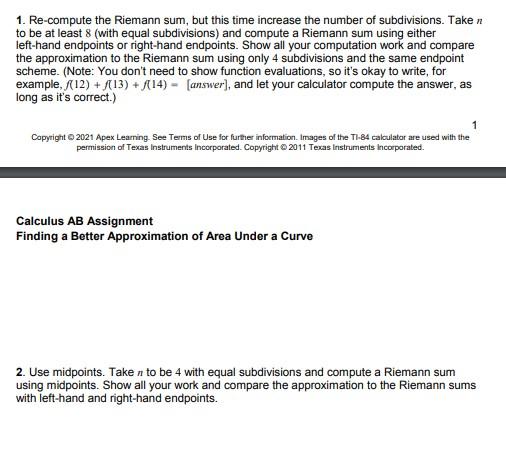 Solved Calculus AB Assignment Finding a Better Approximation | Chegg.com