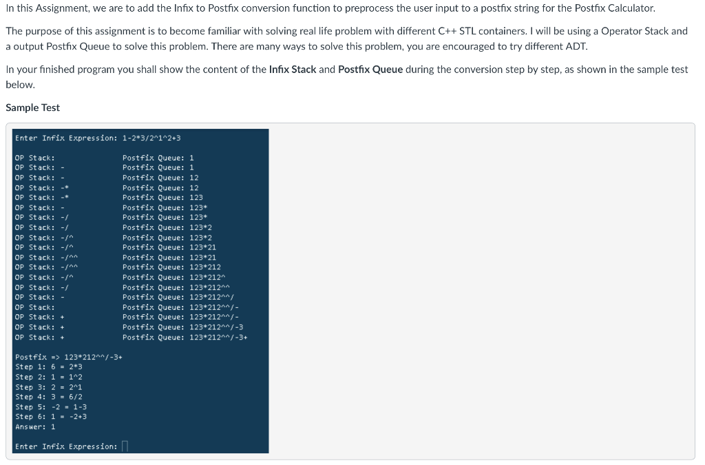 Converting Infix to Postfix (c++) Add an Infix to | Chegg.com